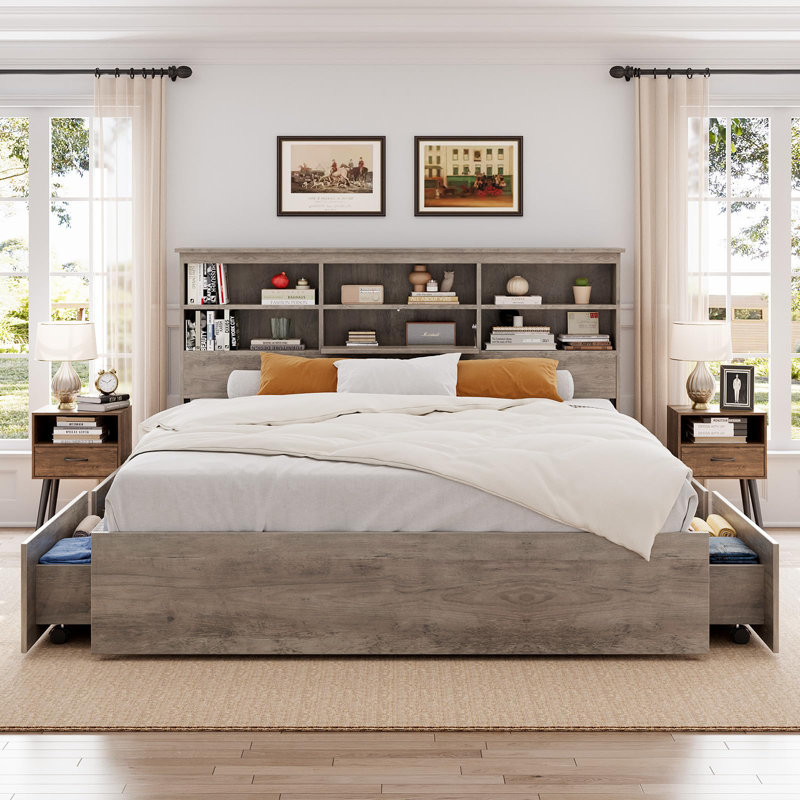 Storage Wooden Bed Frame Queen Size With Bookcase Headboard And 4 Large Drawers Gray